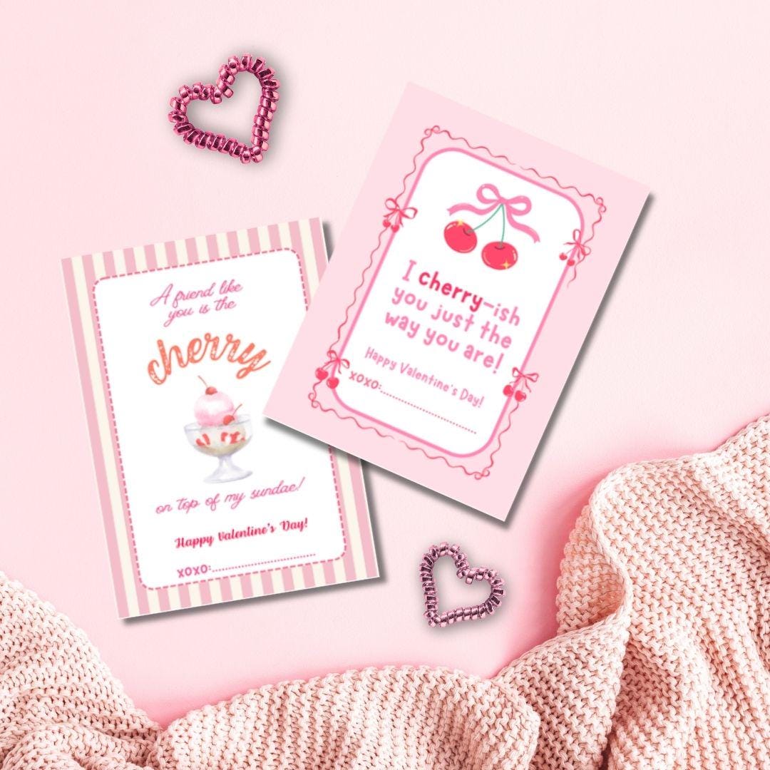 Printable Cherry Valentines Day Cards, Mini Valentines Cards, Coquette ...