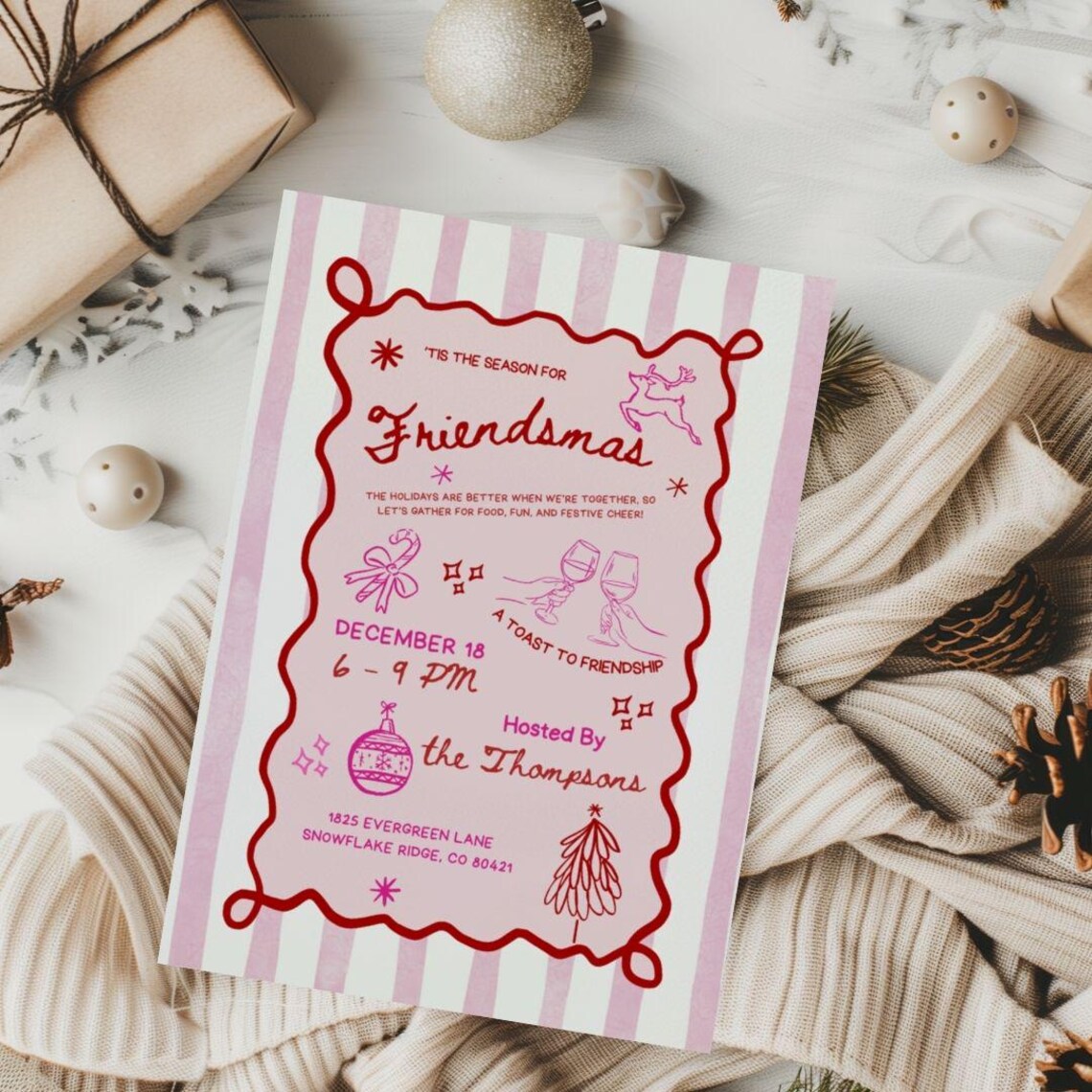Pink Friendsmas Invitation, Doodle Christmas Party Invites, Pink and ...