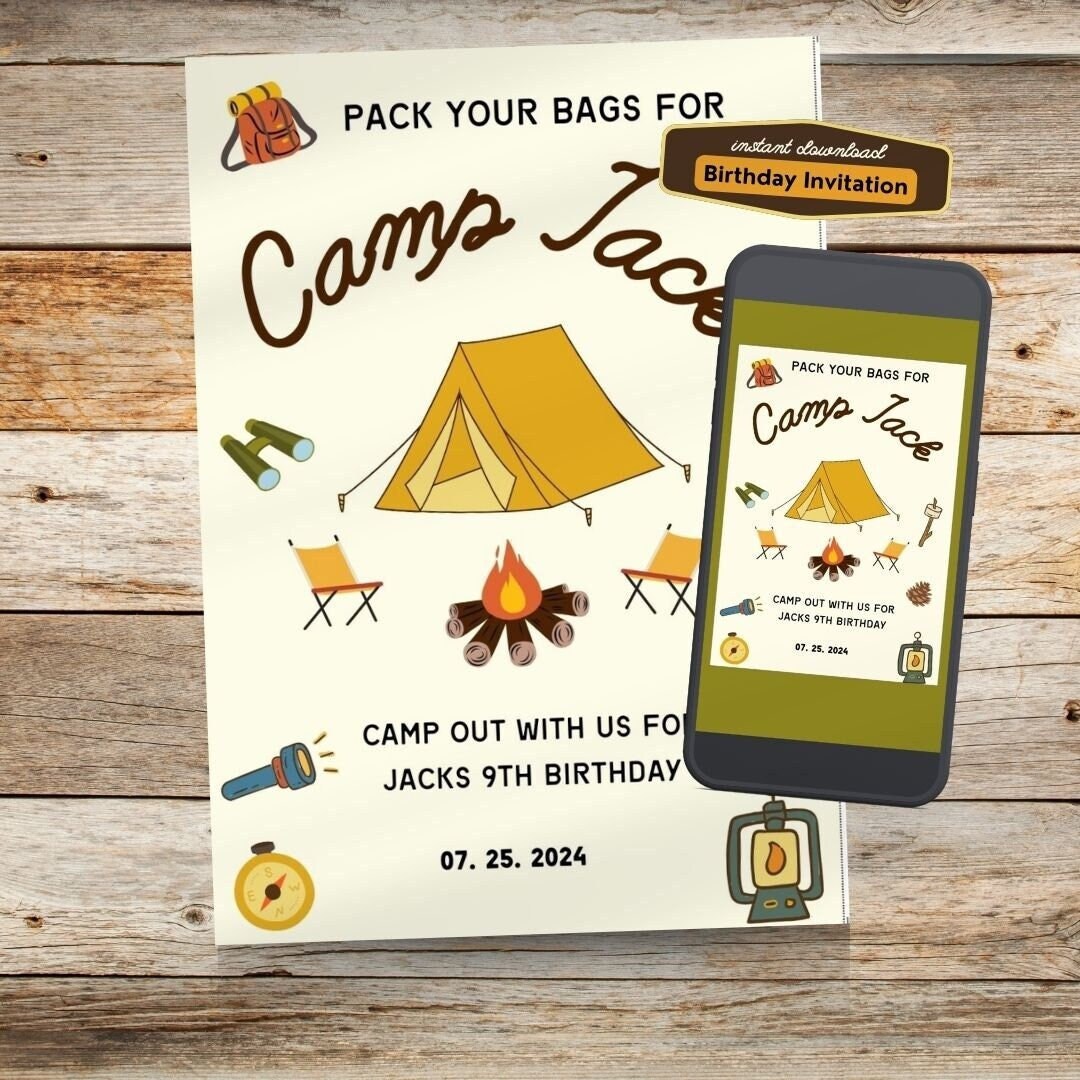 Camping Birthday Invitation Printable, Kids Camping Birthday Party, S ...