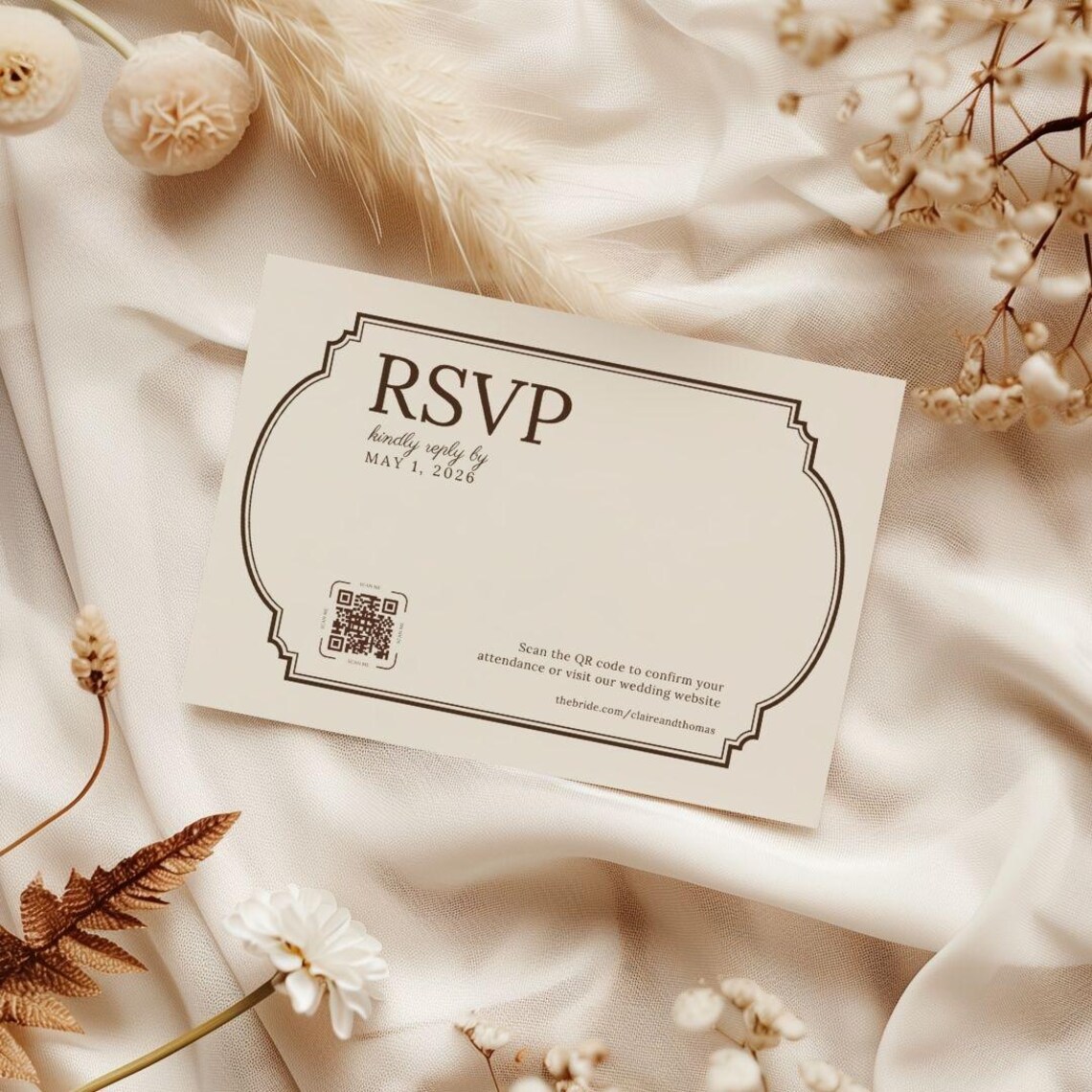 Minimal QR Code RSVP Card Template, Wedding Reply Card, Espresso Brown ...