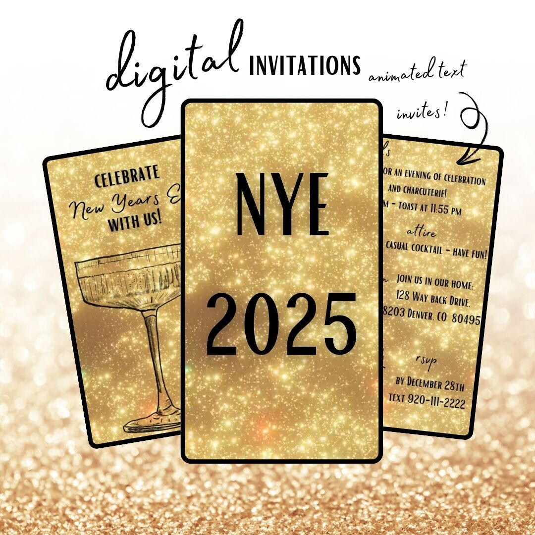 Digital NYE Invite Black and Gold, NYE 2025 Invitation, New Years Eve ...