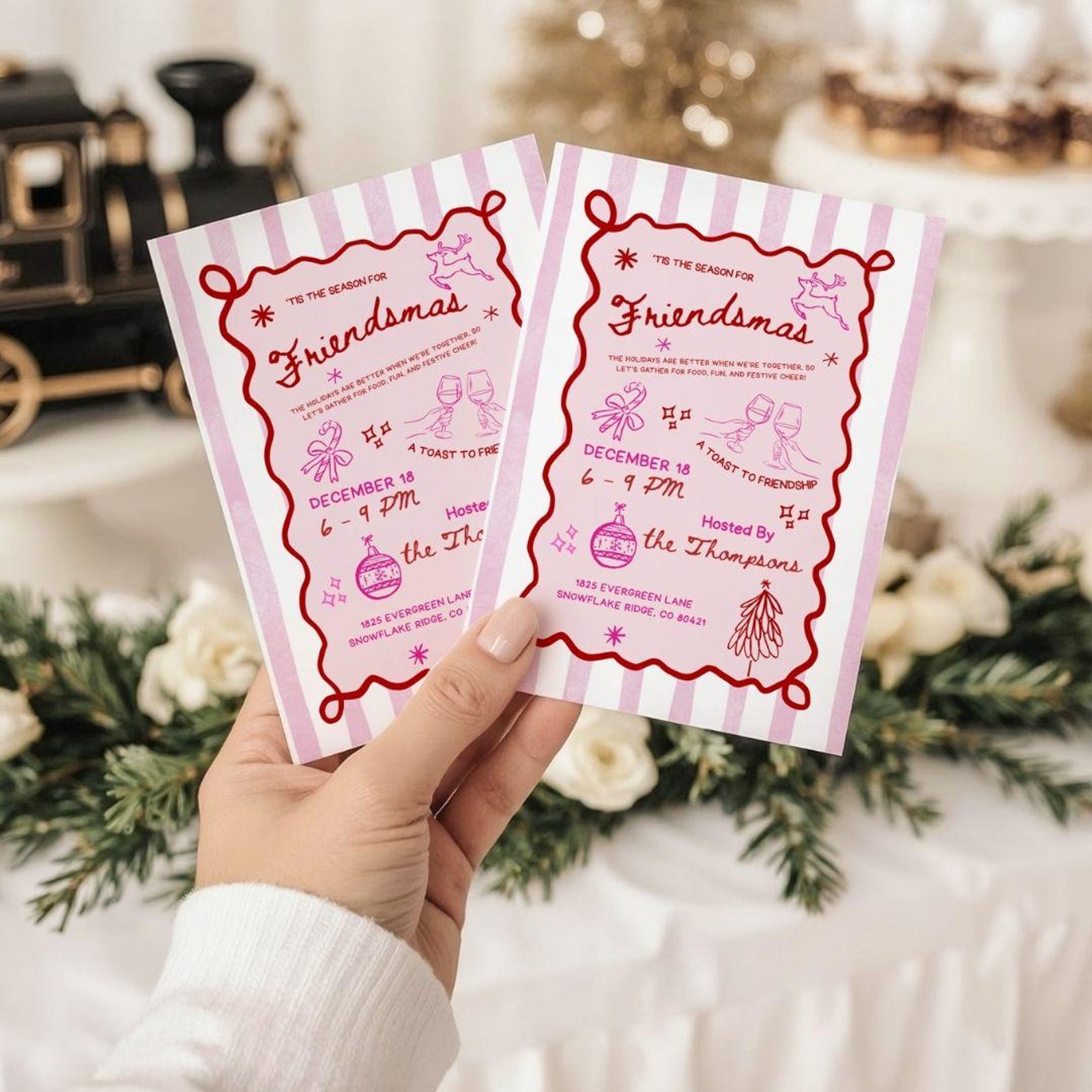 Pink Friendsmas Invitation, Doodle Christmas Party Invites, Pink and ...
