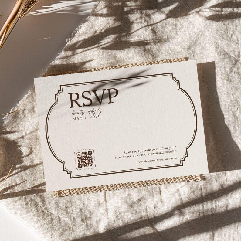 Minimal QR Code RSVP Card Template, Wedding Reply Card, Espresso Brown ...