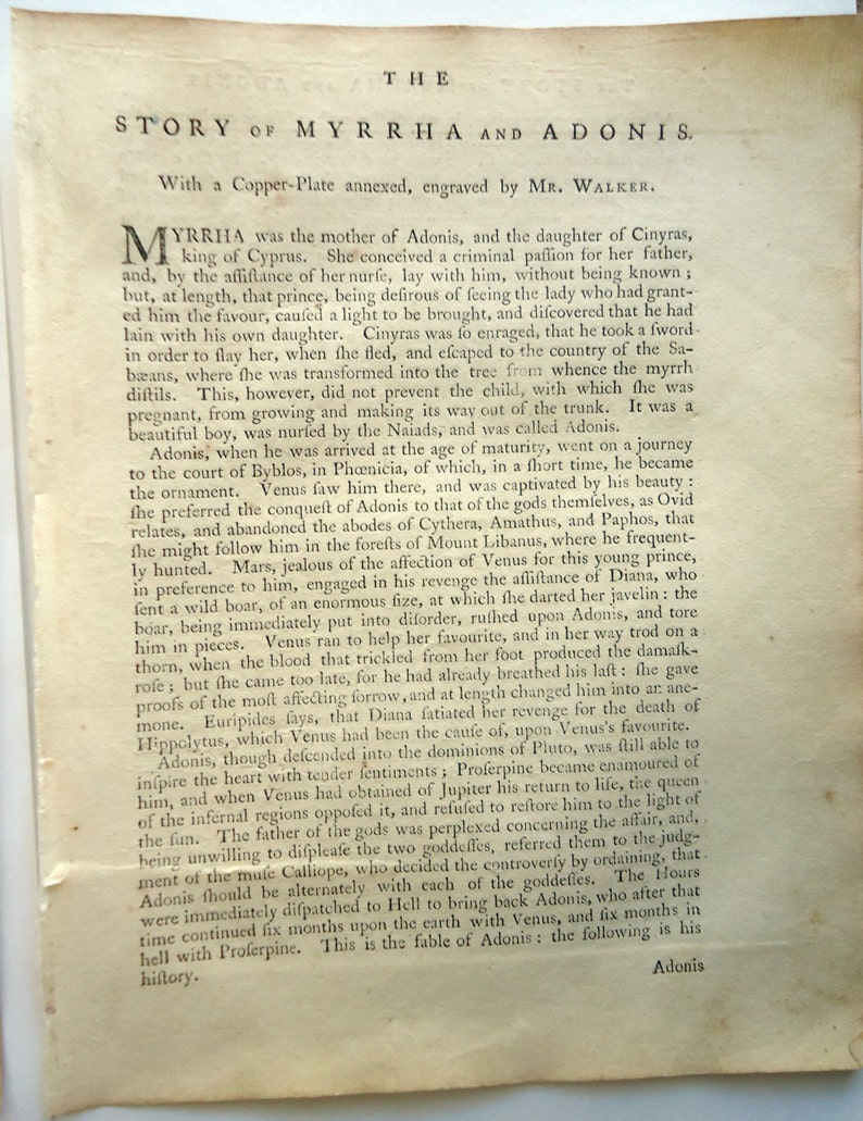 1775 Myrrha and Adonis, Eisen Walker Copper-plate Engraving. myrrha ...