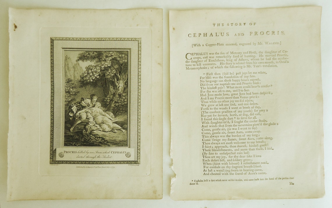 Procris and Cephalus, 1700s Monnet Walker Copper-plate Engraving ...