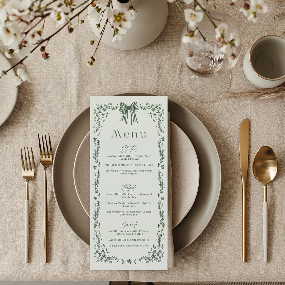 Editable Baby Shower Menu 4x9 | Long Menu Card | Green Floral Baby ...