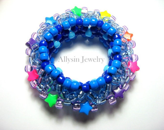 3D Kandi Cuff, Blue, Stars, Disc Style, Neon Rainbow Bracelet, , Rave ...
