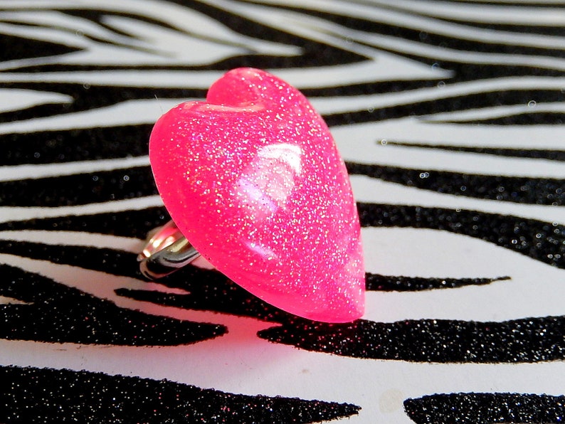 Large Pink Heart Ring Glitter Adjustable Ring Rave Jewelry - Etsy