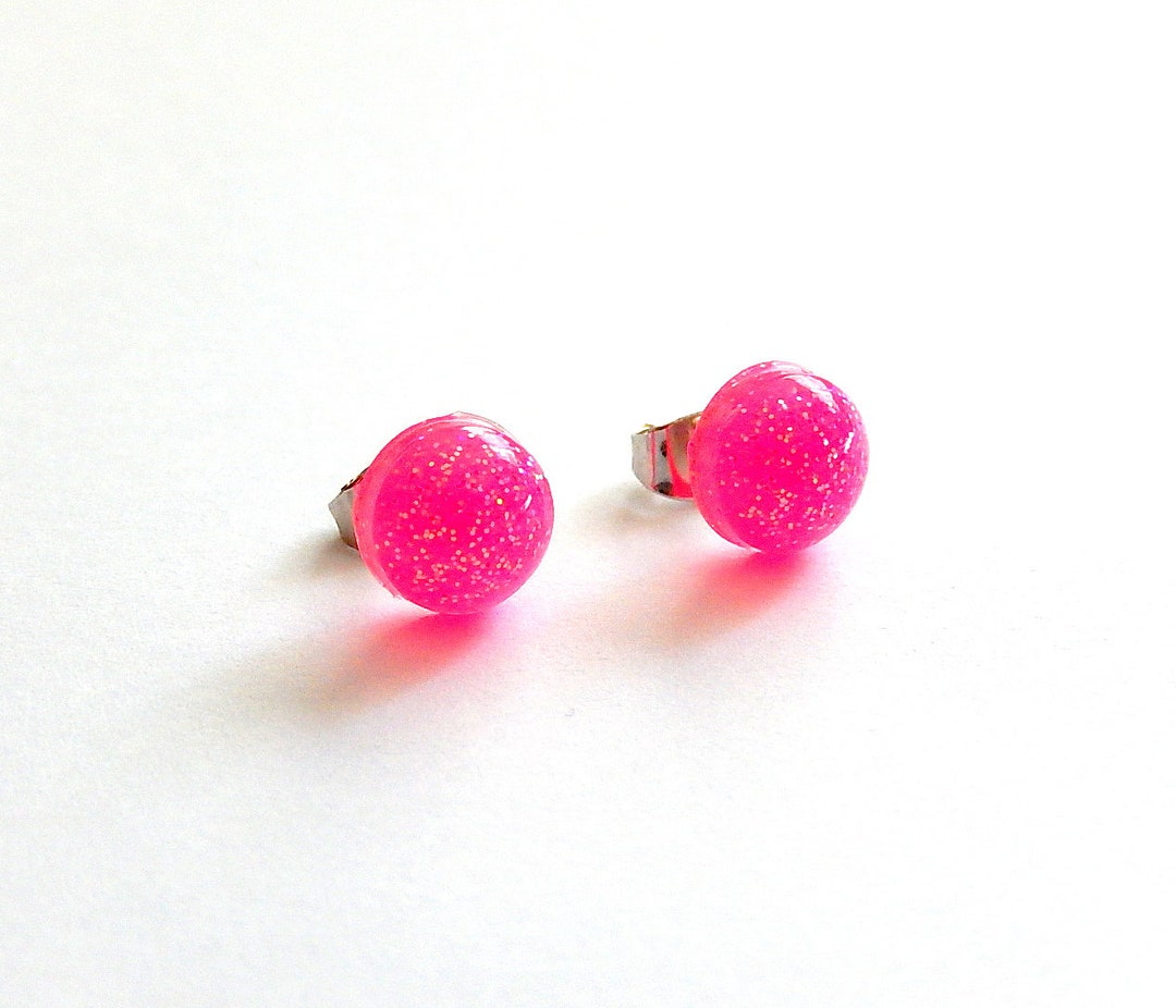Neon Pink Stud Earrings, Small Round Resin Earrings, UV Reactive Rave ...