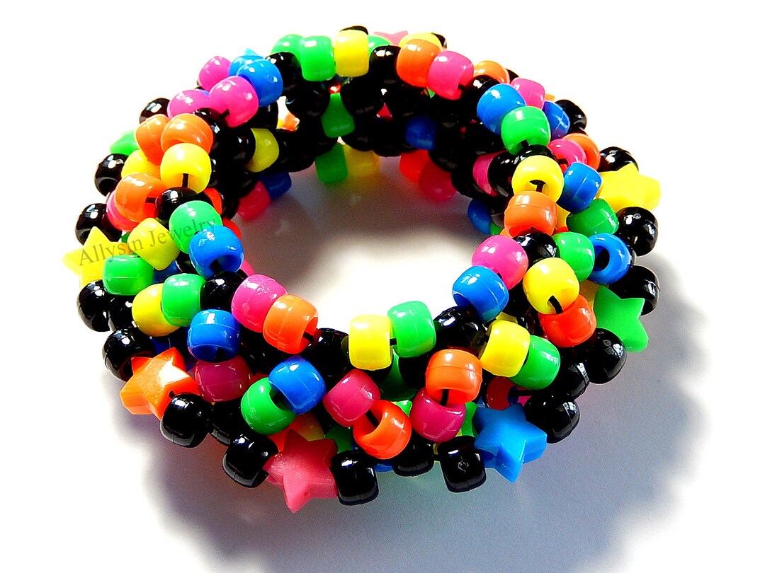 Black Rainbow Kandi Cuff, Stars, Neon 3D Disc Bracelet, Rave Plur - Etsy