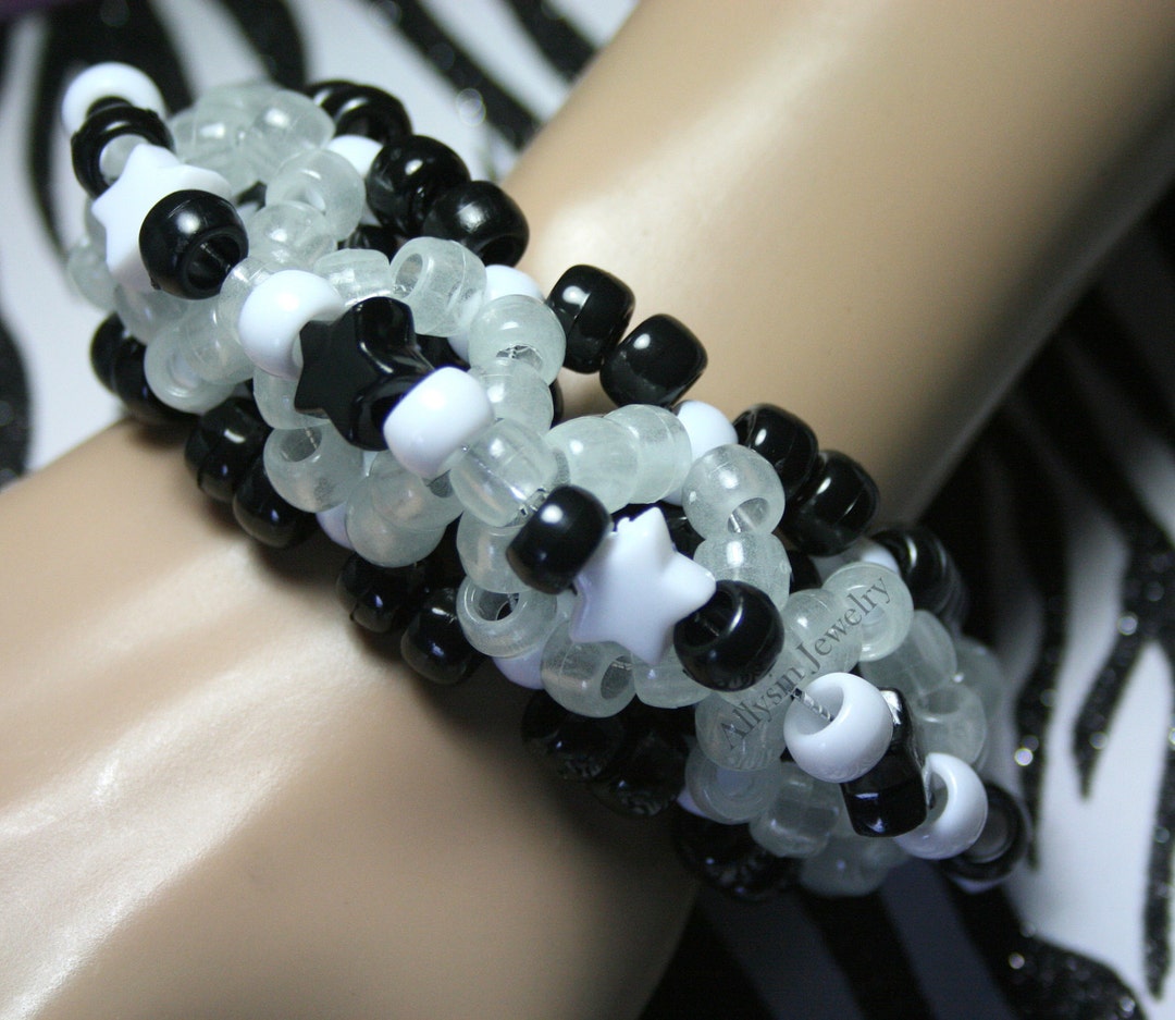 Black, White Star Kandi Cuff, Glow in the Dark 3D Disc Cuff, Rave Plur ...