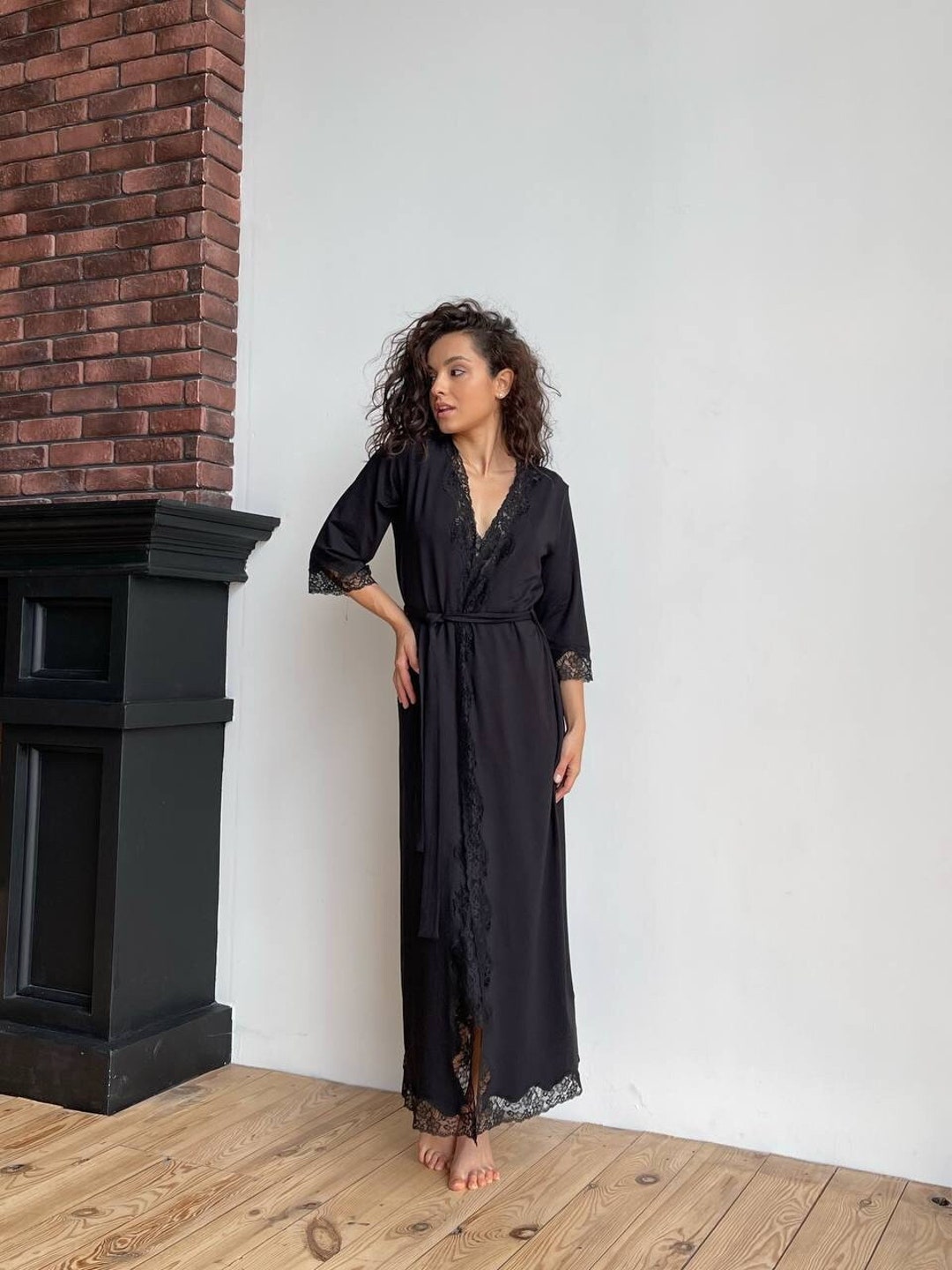 Black Long Nightgown and Robe Set 2 Pieces Boudoir Home Wear Lace ...