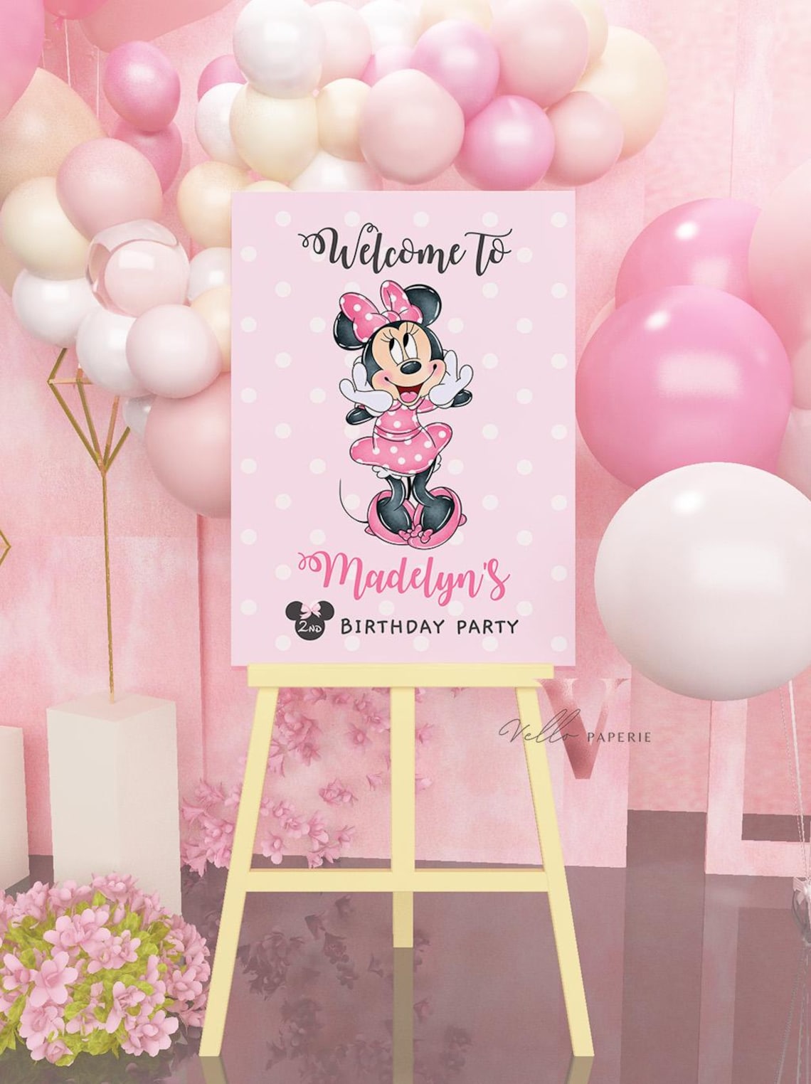 Editable Any Age Minnie Mouse Birthday Welcome Sign Light Pink Polkadot ...