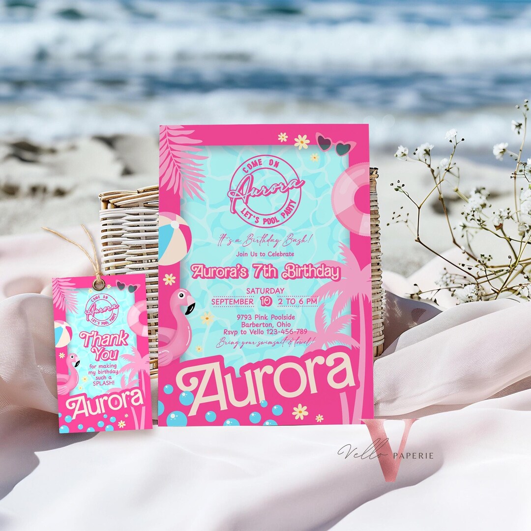 Self Editable Pink Doll Pool Birthday Invitation Summer Pink Blue Pool ...