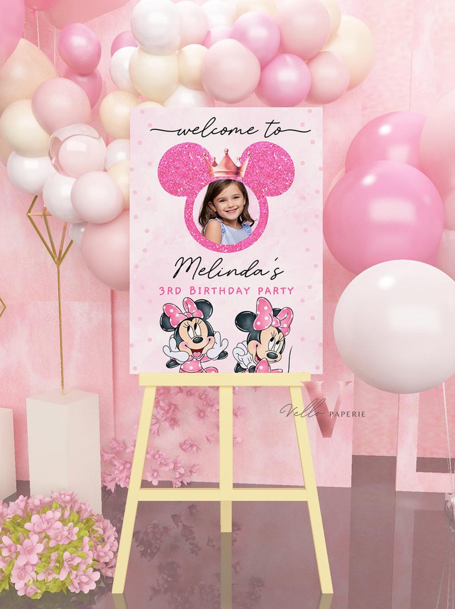 Editable Minnie Mouse Birthday Welcome Sign With Photo | Pink Polkadot ...