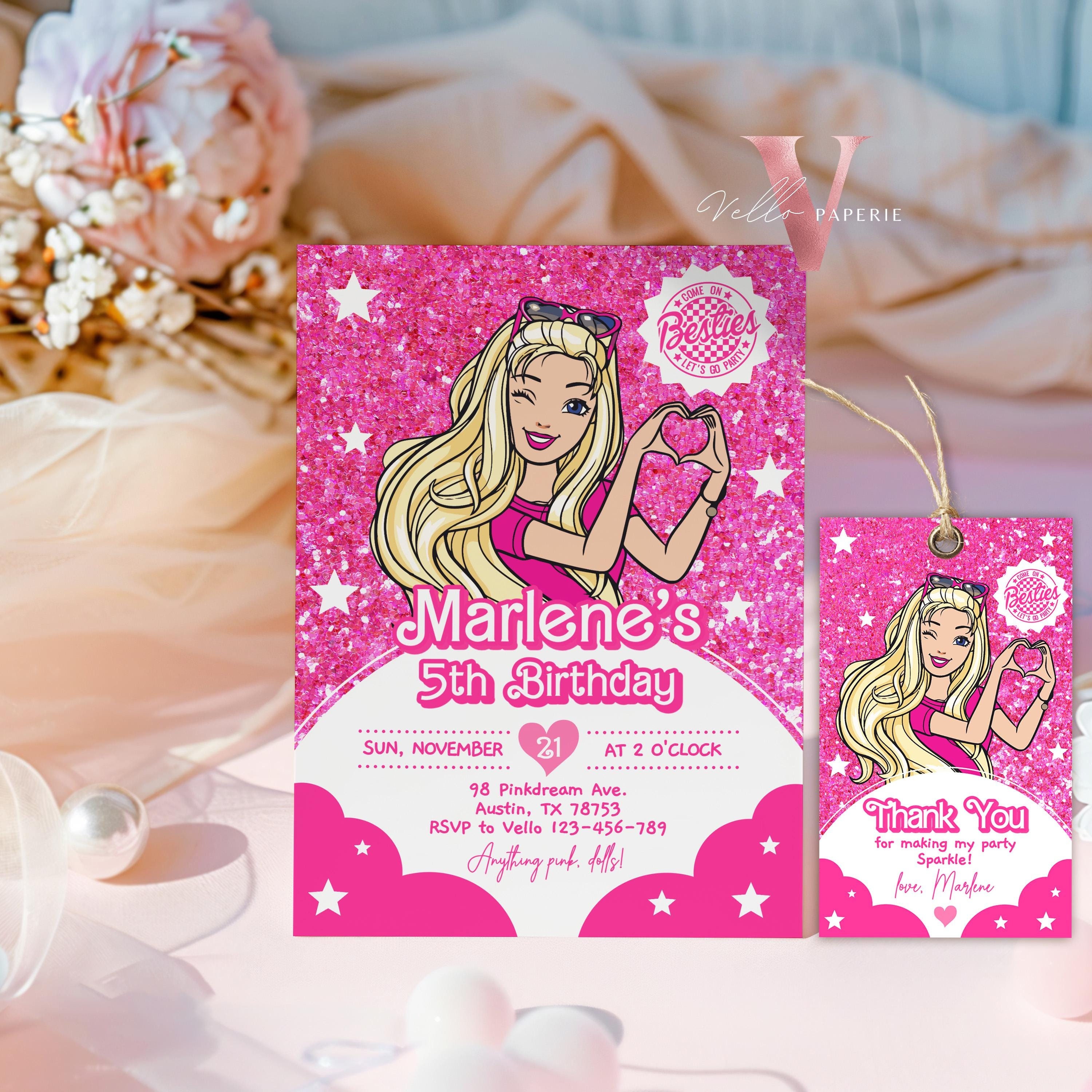 Editable Fashion Pink Doll Sparkle Cartoon Birthday Invitation Pink ...