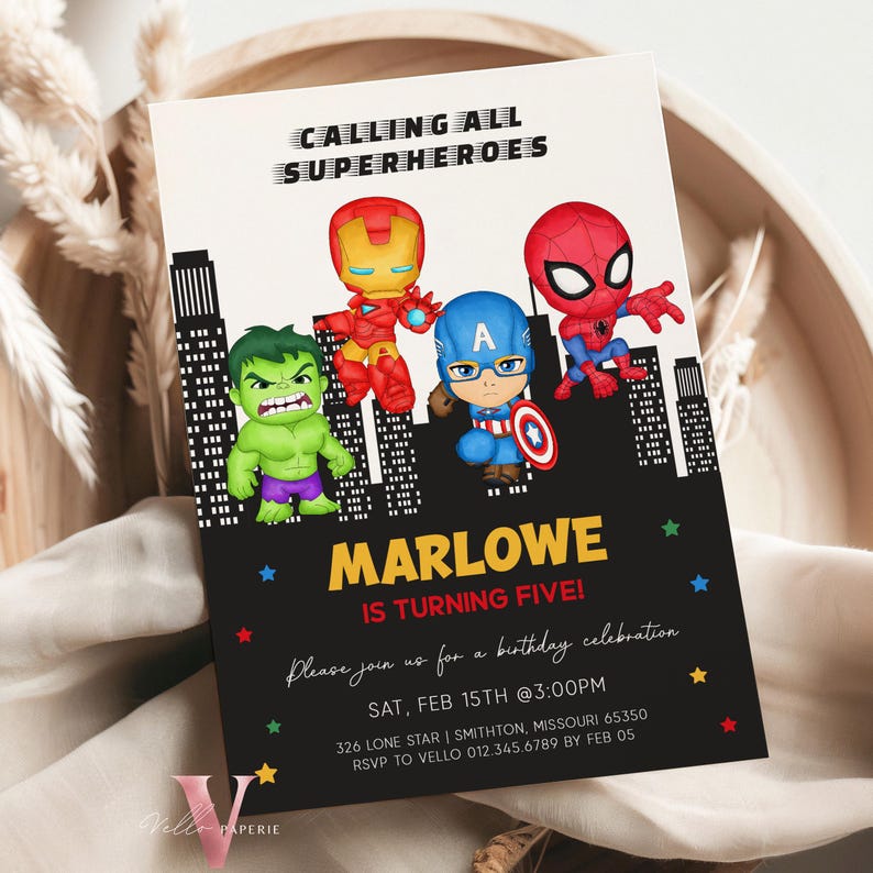 Calling All Superheroes Birthday Invitation Watercolor Avengers Kids ...