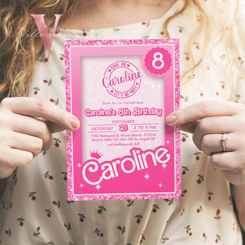 Editable Pink Sparkle Fashion Doll Birthday Invitation, Pink Doll ...