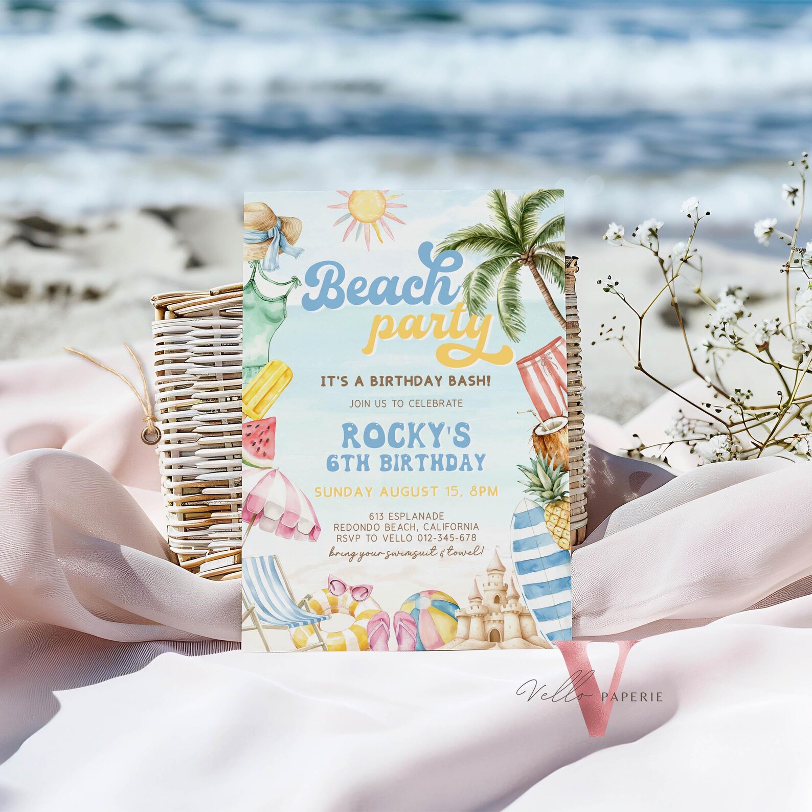 Colorful Beach Party Invitation | Watercolor Summer Birthday Party ...