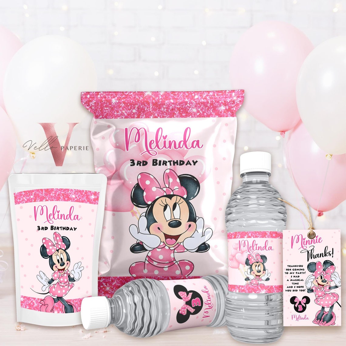Editable Printable Any Age Minnie Mouse Birthday Party Favors | Glitter ...