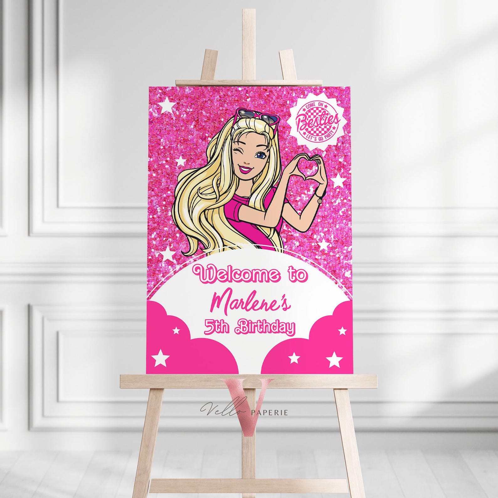 Cartoon Hot Pink Doll Birthday Welcome Sign Self Editable Sparkle ...