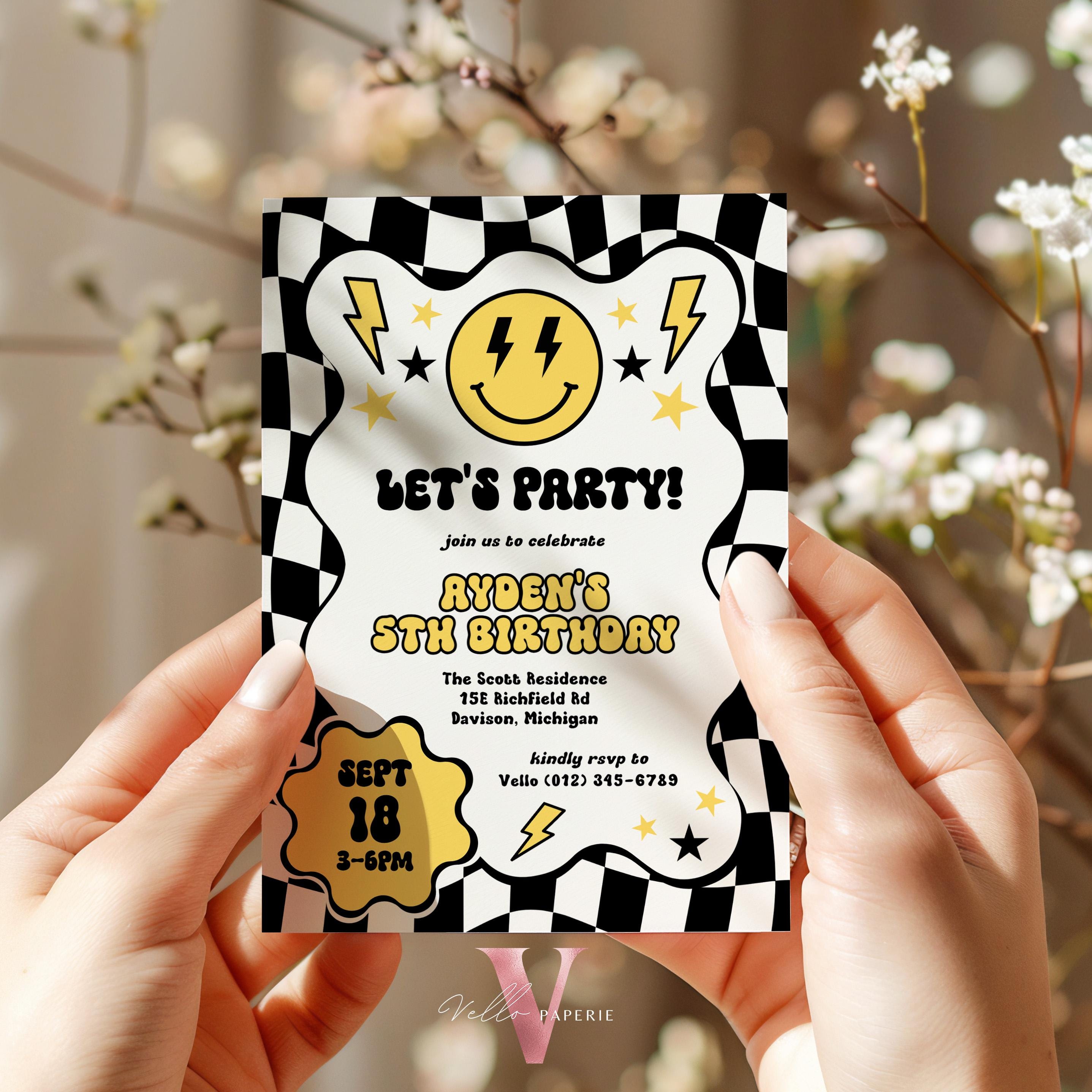Smile Face Groovy Birthday Invitation | Editable Retro Happy Dude Any ...