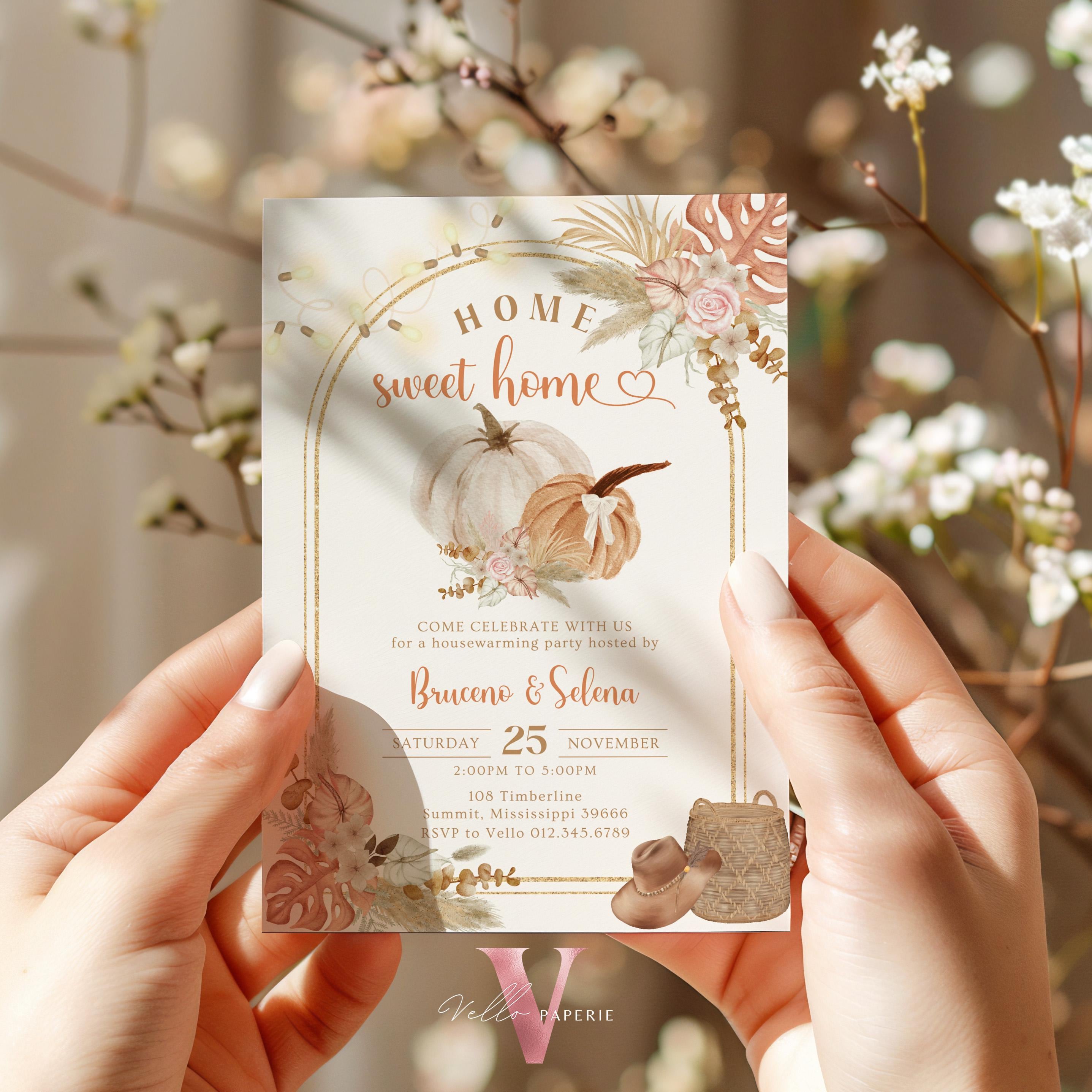 Boho Floral House Warming Invitation | FALL Beige Pumpkin Home Sweet ...