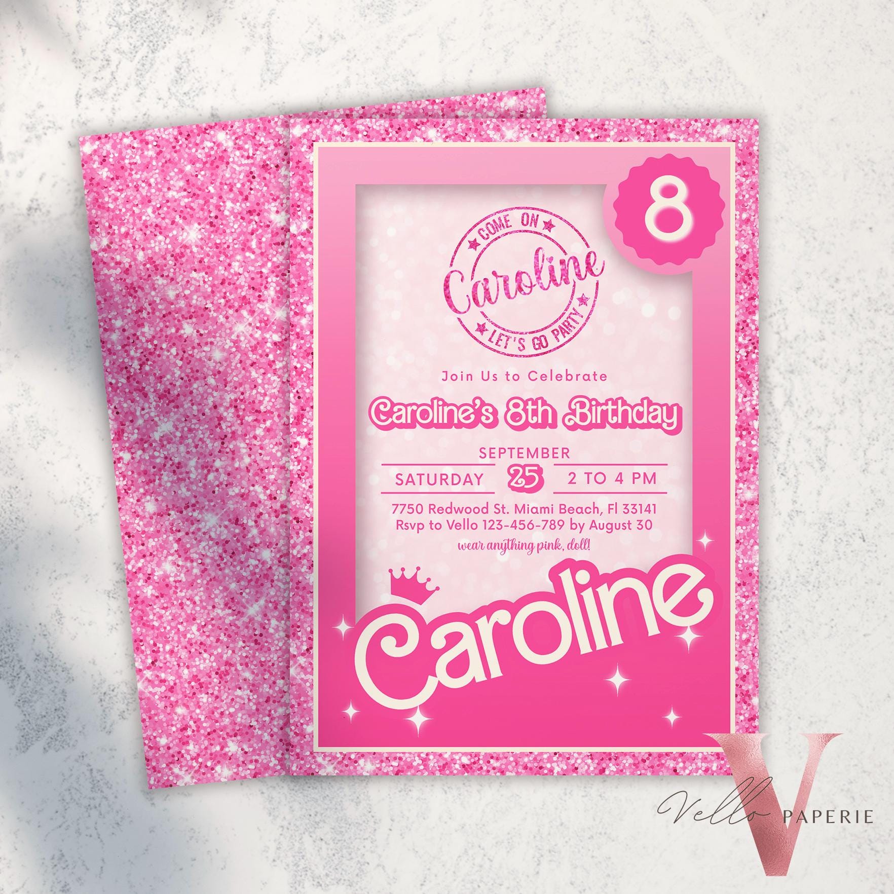 Editable Pink Sparkle Fashion Doll Birthday Invitation, Pink Doll ...