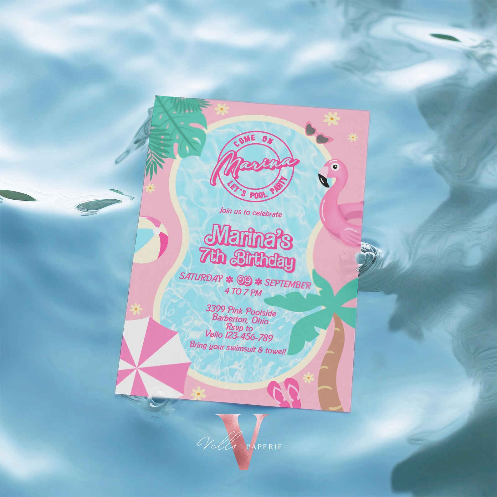 Pink Doll Pool Birthday Invitation Editable Yourseld Malibu Pool Party ...