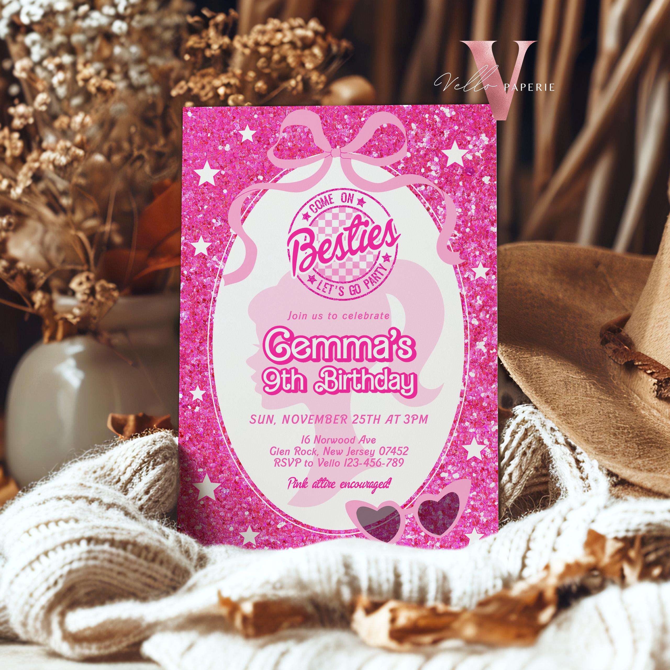 Editable Fashion Pink Doll Sparkle Birthday Invitation Pink Doll ...