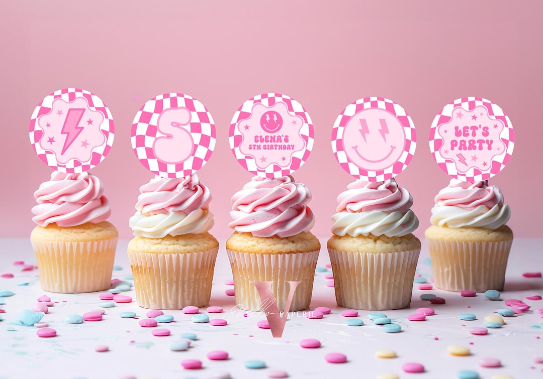 Pink Smile Face Groovy Birthday Cupcake Topper | Editable Retro Happy ...