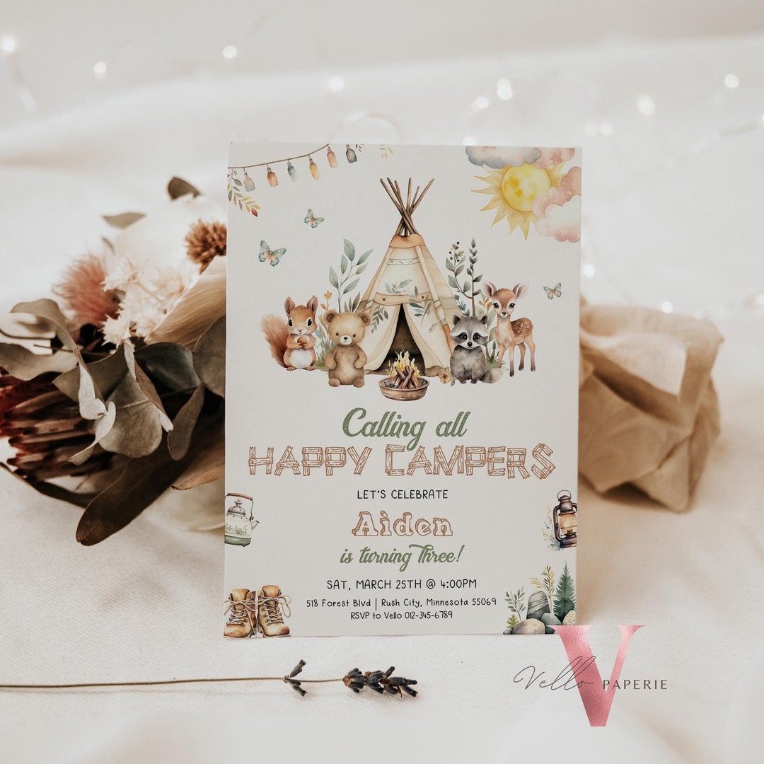 Calling All Happy Campers Invitation | BOHO Camping Birthday Invite ...