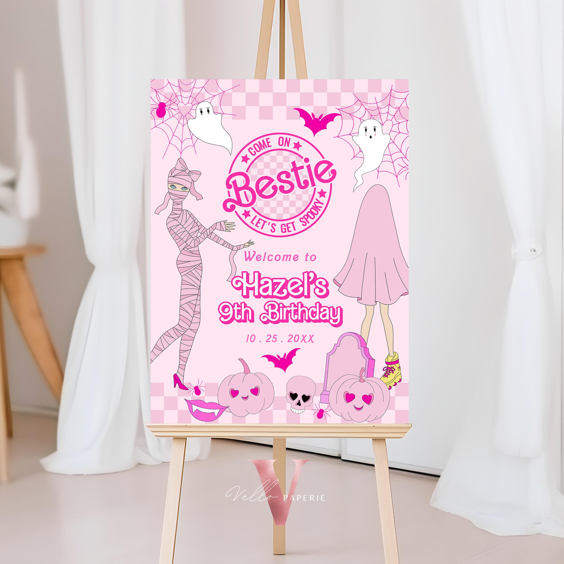 Editable bestie Spooky Pink Doll Halloween Birthday Welcome Sign Cute ...