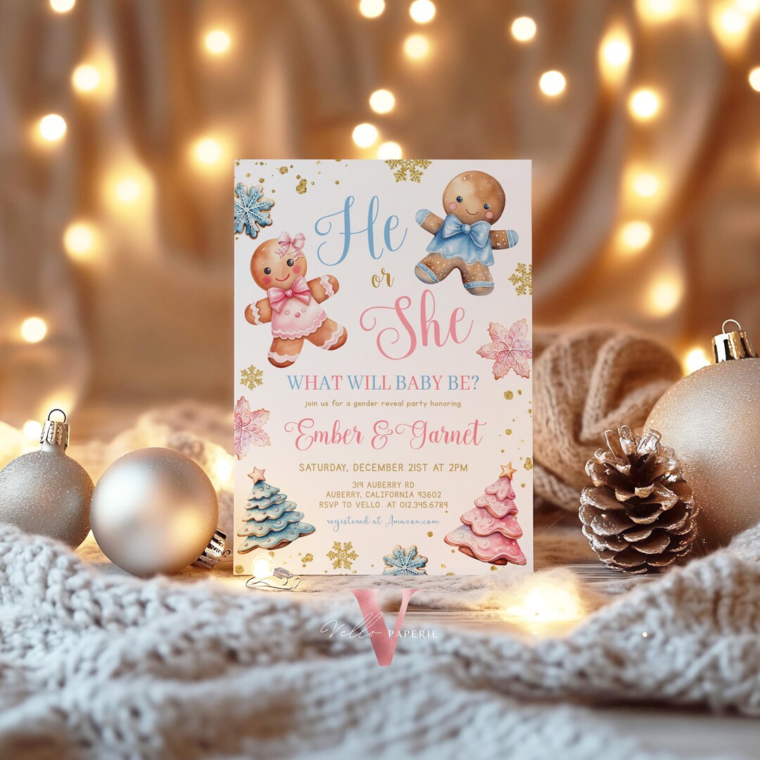 He or She Gingerbread Baby Shower Invitation | Winter Gender Reveal ...