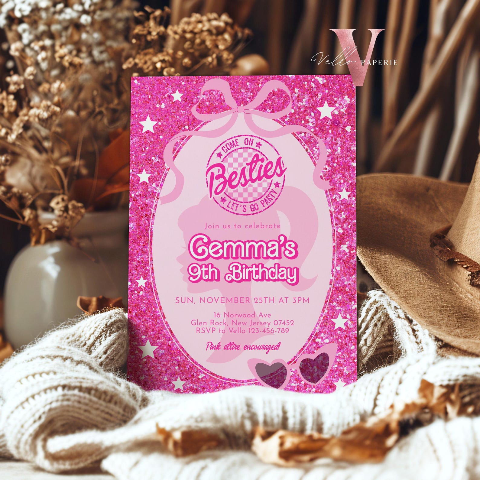 Editable Fashion Pink Doll Sparkle Birthday Invitation Pink Doll ...