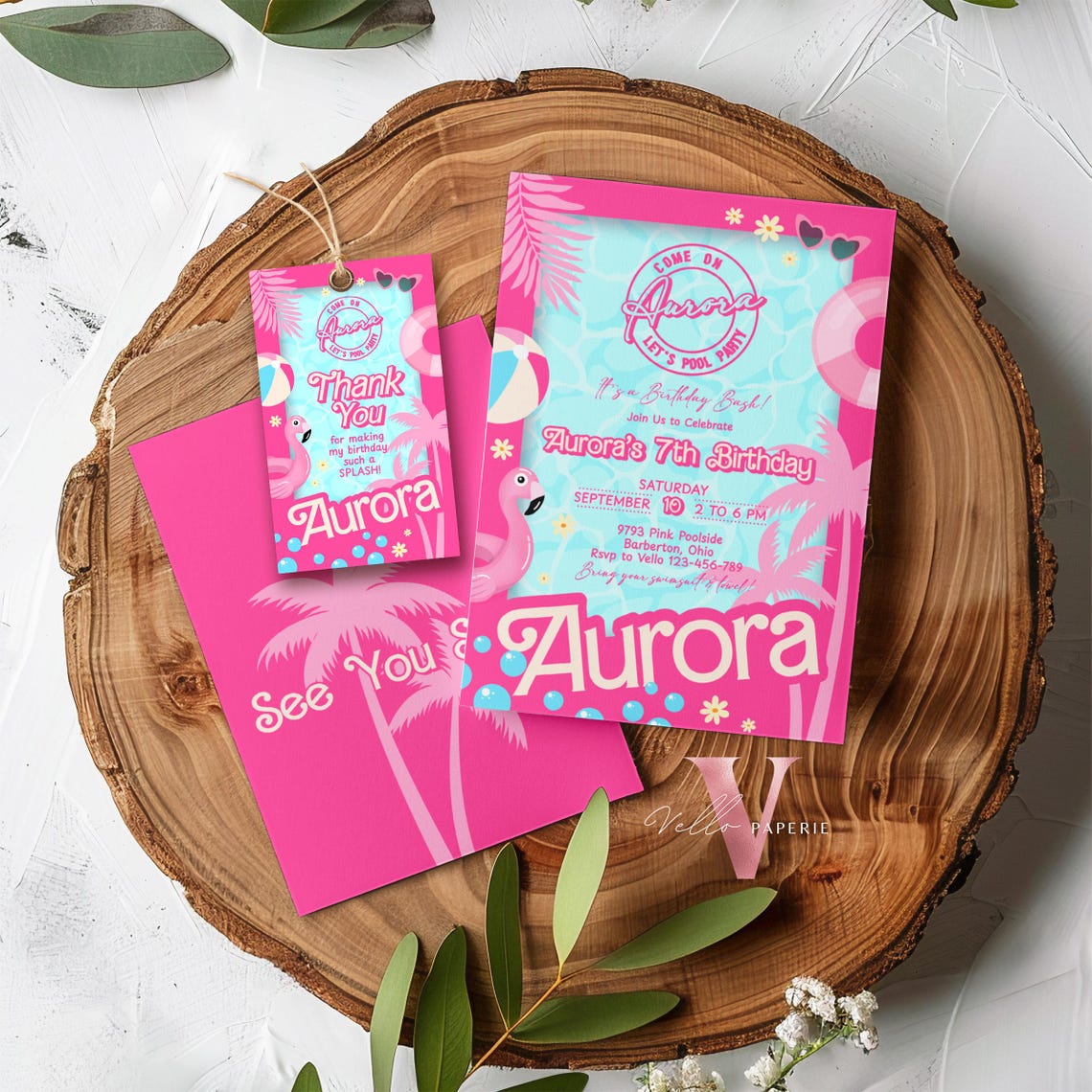 Self Editable Pink Doll Pool Birthday Invitation Summer Pink Blue Pool ...