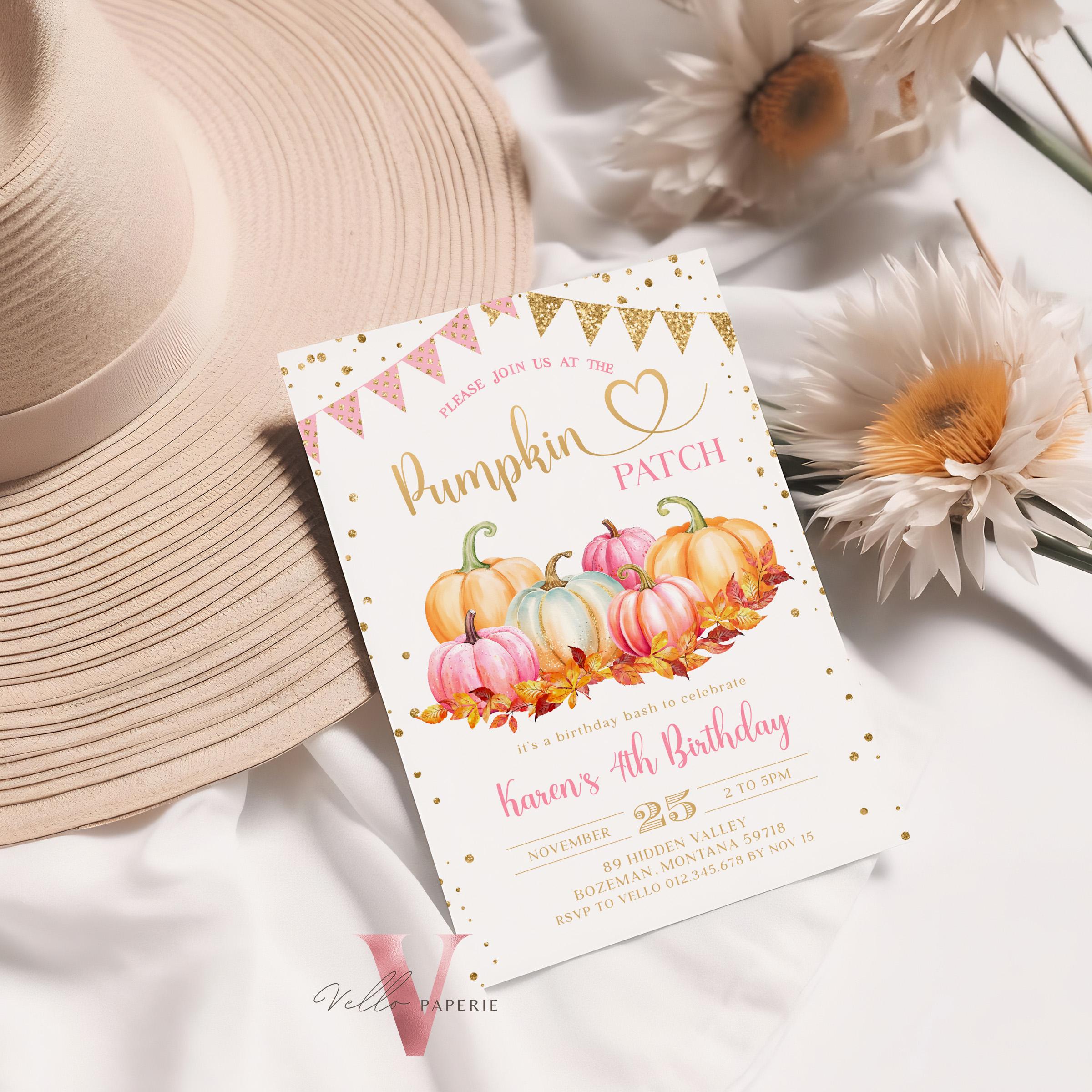 Editable Pink Autumn Pumpkin Patch Birthday Party Invitation | FALL ...