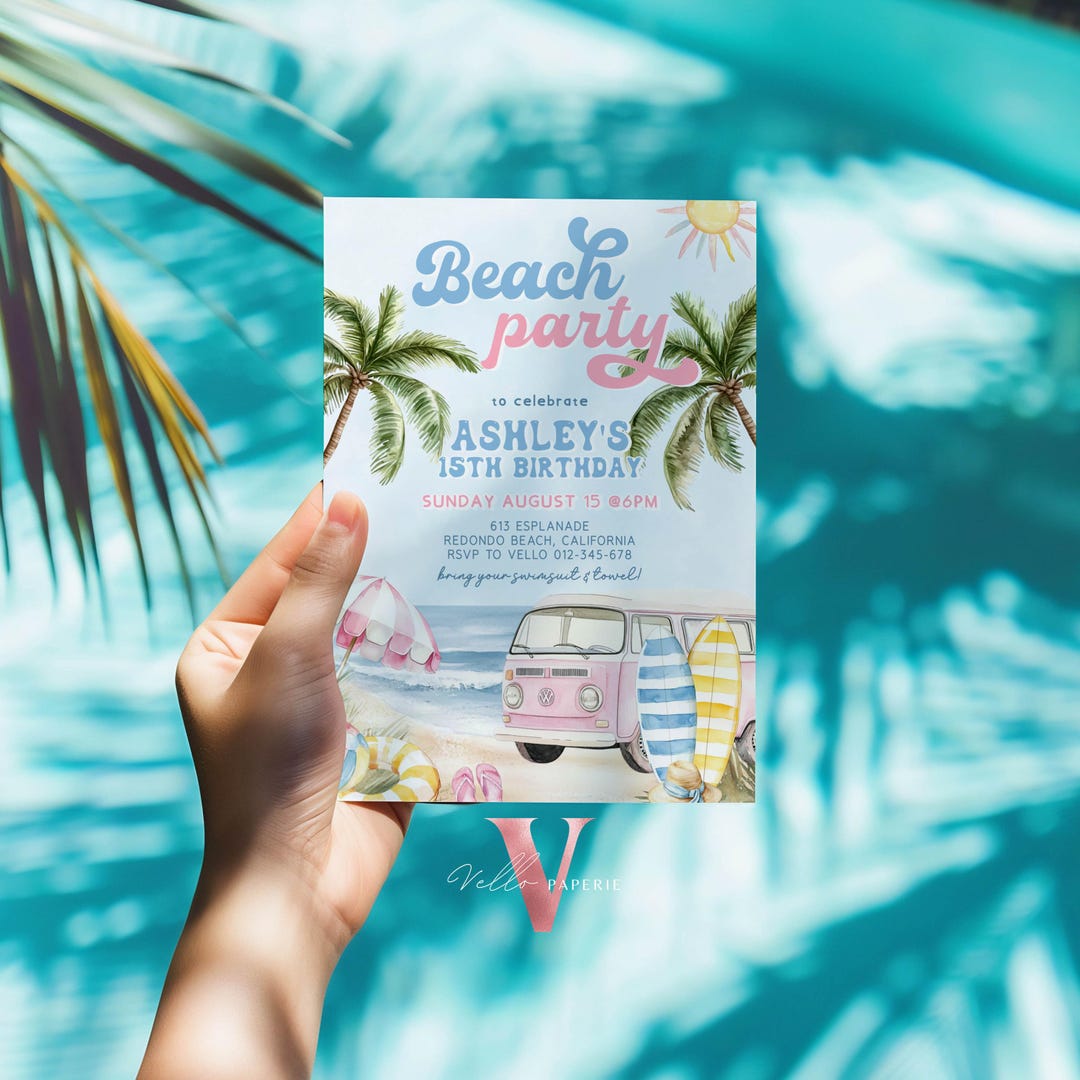 Blue Pink Yellow Beach Party Invitation | Watercolor Summer Birthday ...