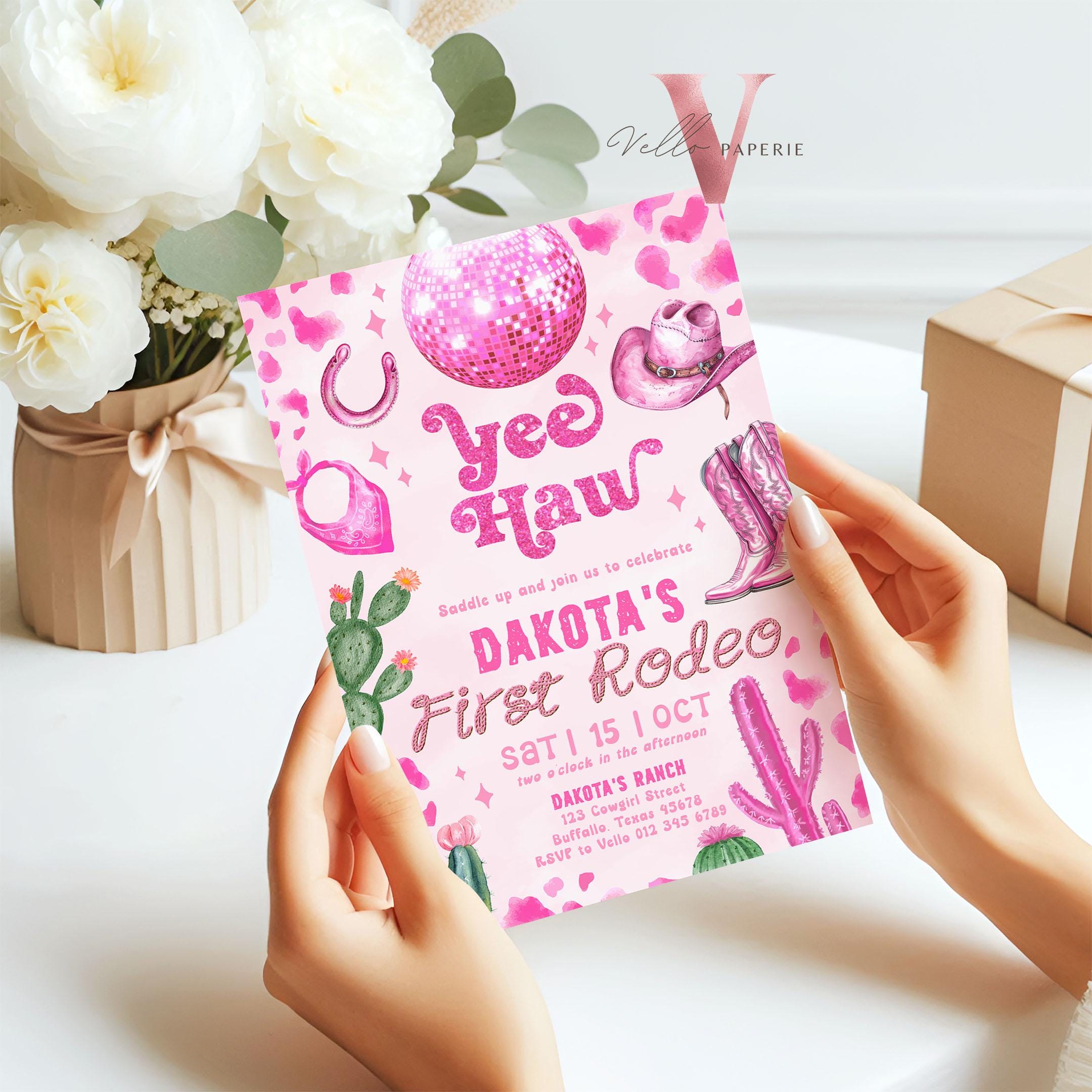 Editable Any AGE Space Cowgirl Birthday Invitation | Pink Disco Cowgirl ...