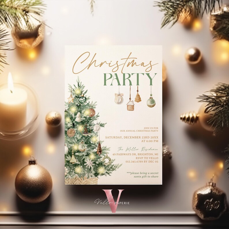 Editable Neutral Christmas Party Invite Modern Boho Gold Green ...