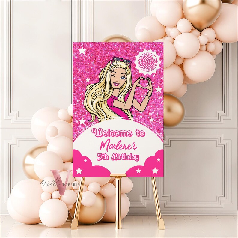 Cartoon Hot Pink Doll Birthday Welcome Sign Self Editable Sparkle ...