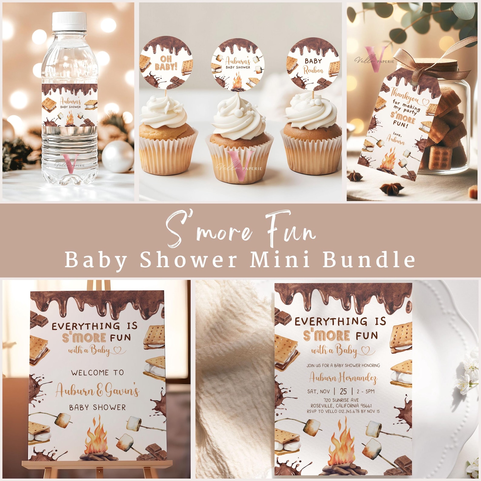 Editable S'mores Baby Shower Bundle | Camping Bonfire, Campire Smore ...