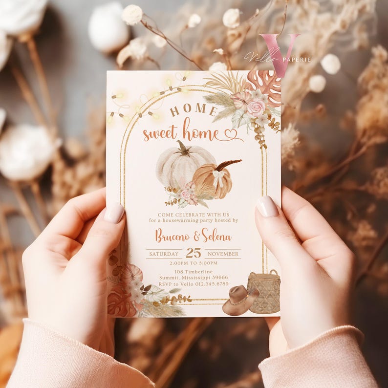 Boho Floral House Warming Invitation | FALL Beige Pumpkin Home Sweet ...