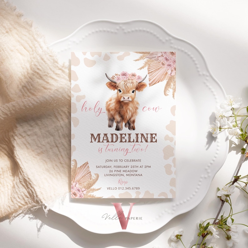 Editable HOLY Cow Birthday Invitation | Beige, Brown, Pink ANY AGE Cow ...