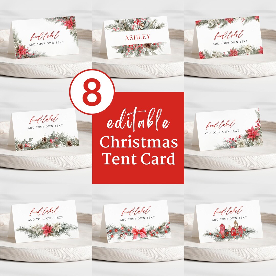 Editable 8 Designs Modern Christmas Floral Place Card, Food Label ...
