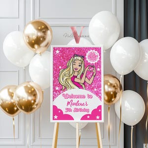 Cartoon Hot Pink Doll Birthday Welcome Sign Self Editable Sparkle ...