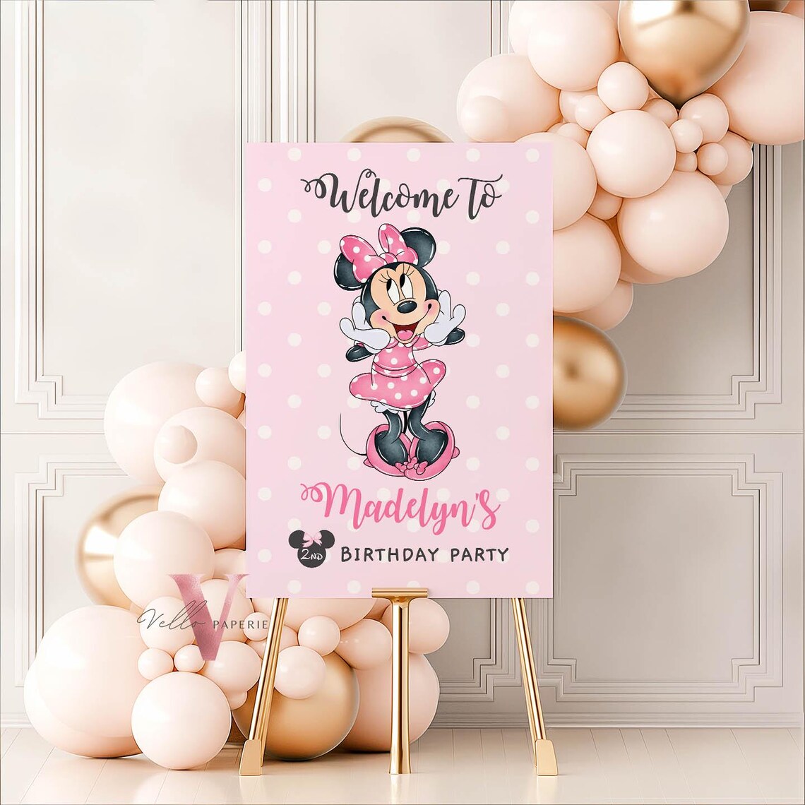 Editable Any Age Minnie Mouse Birthday Welcome Sign | Light Pink ...