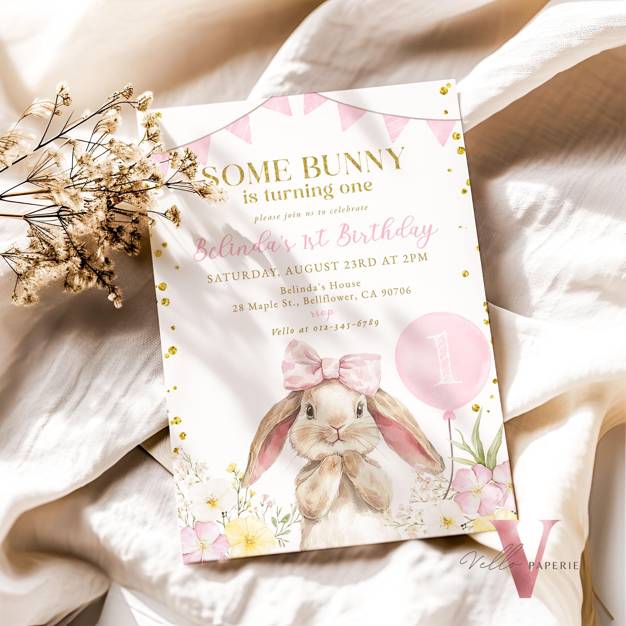 Some Bunny is Turning Birthday Invitation | Floral Pink Gold Rabbit ...