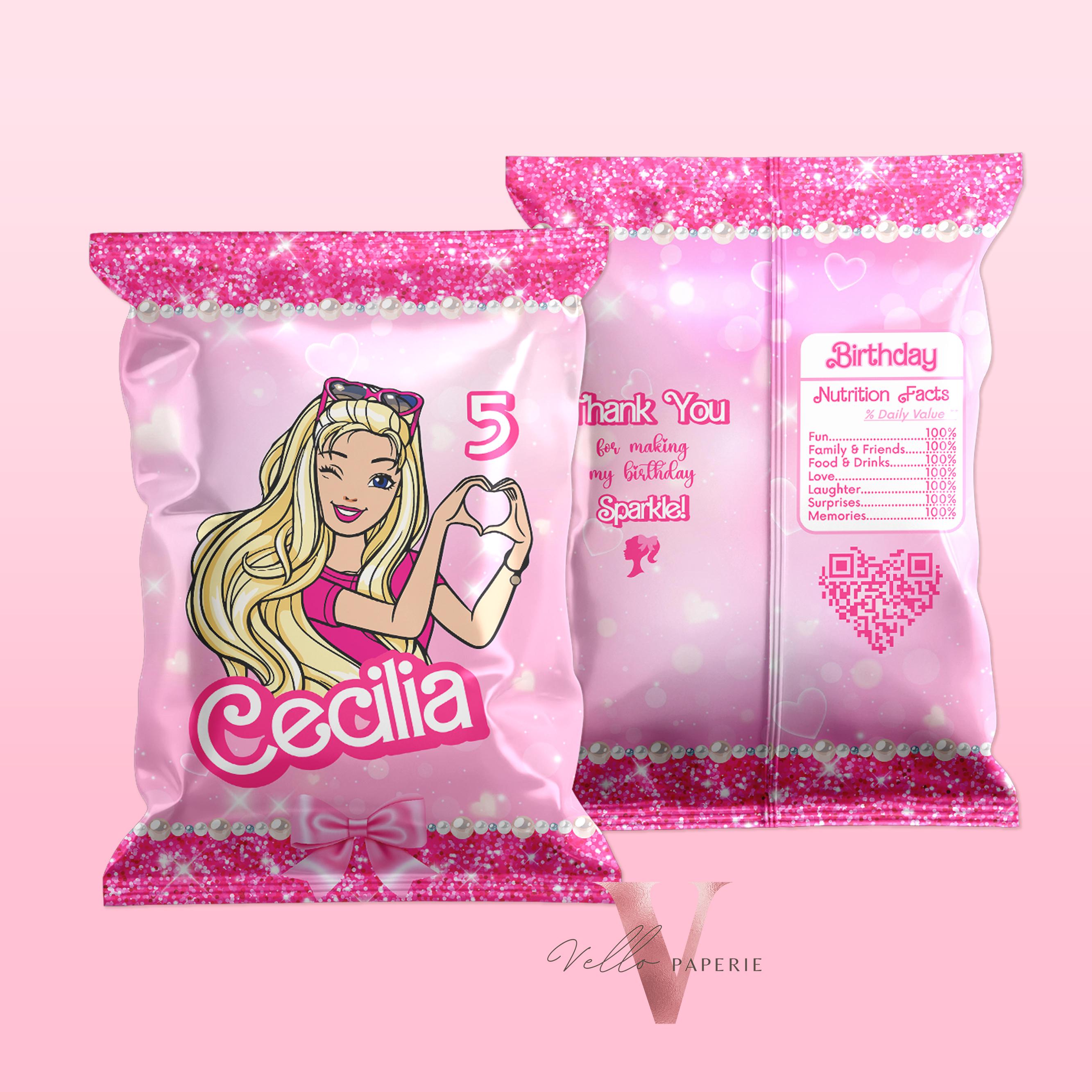 Cute Sparkle Pink Doll Birthday Chips Bag Cute Cartoon Hot Pink Party ...