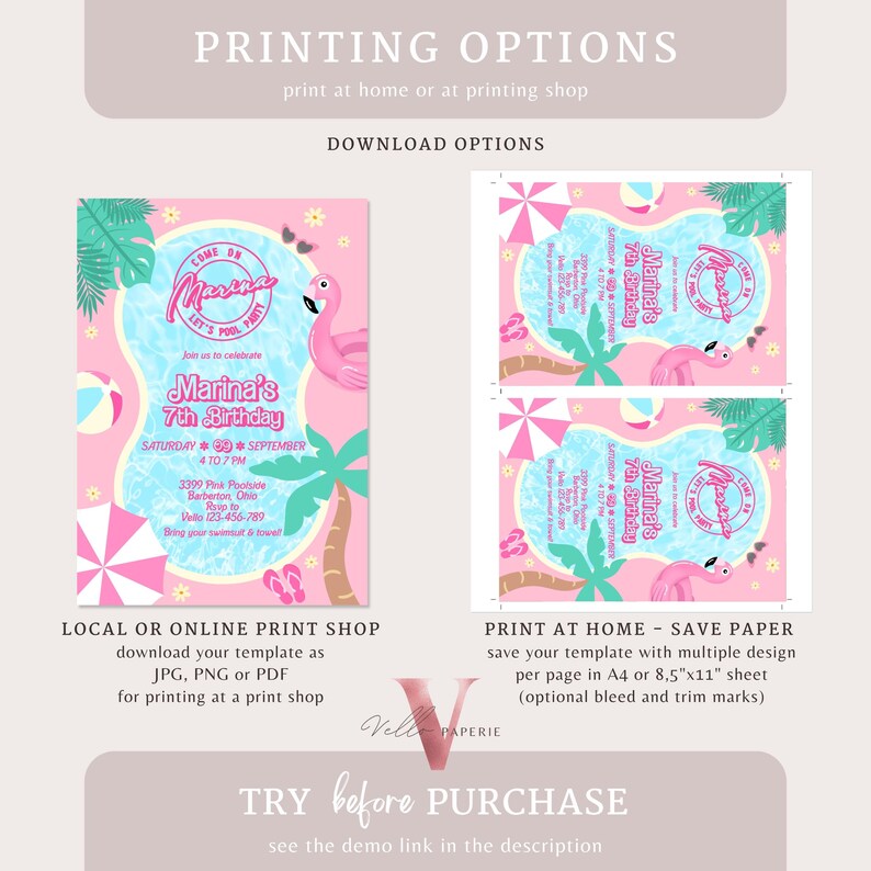 Pink Doll Pool Birthday Invitation Editable Yourseld Malibu Pool Party ...